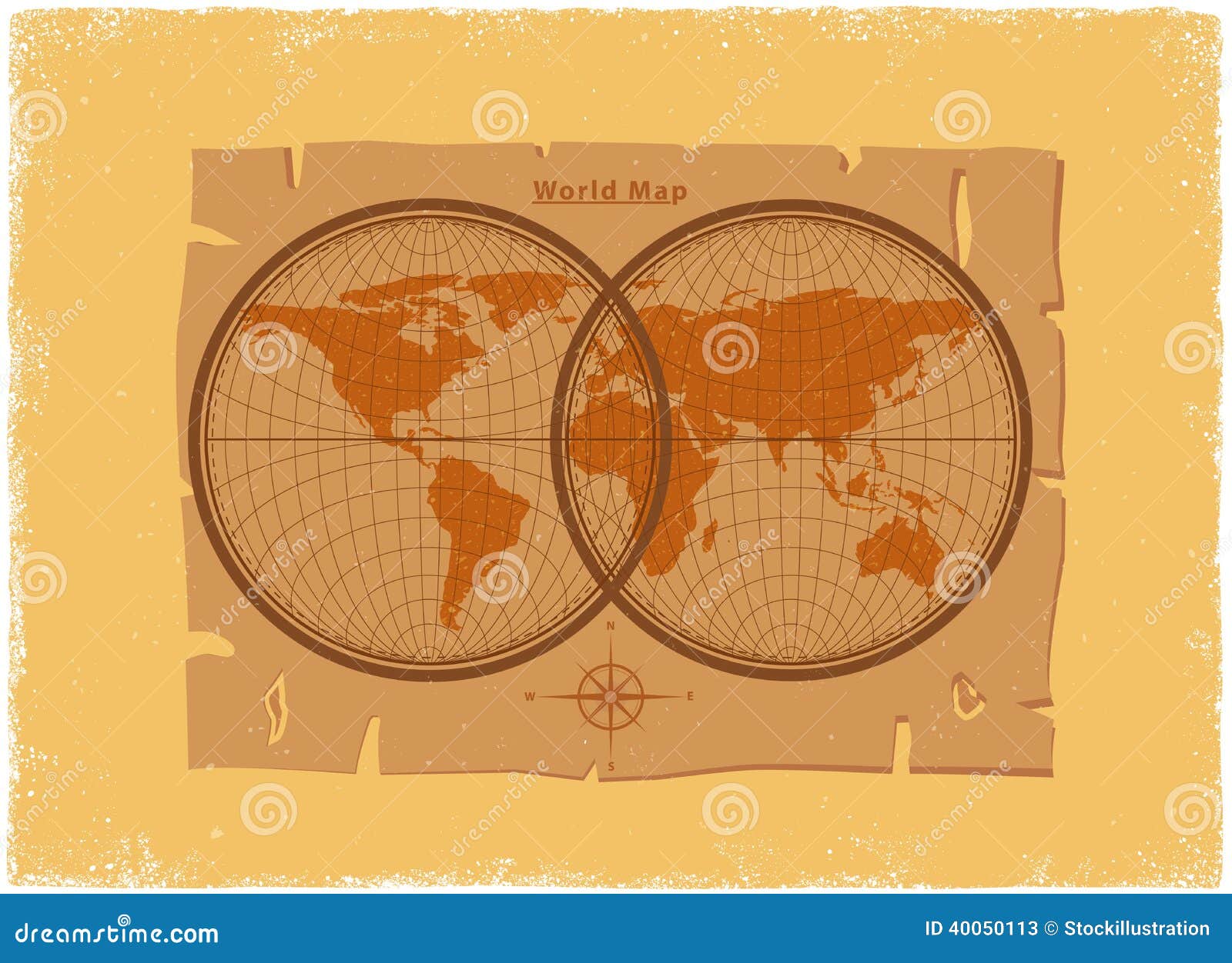 Antique World Map. Vintage Compass And Retro Ship On Ancient Marine Map ...