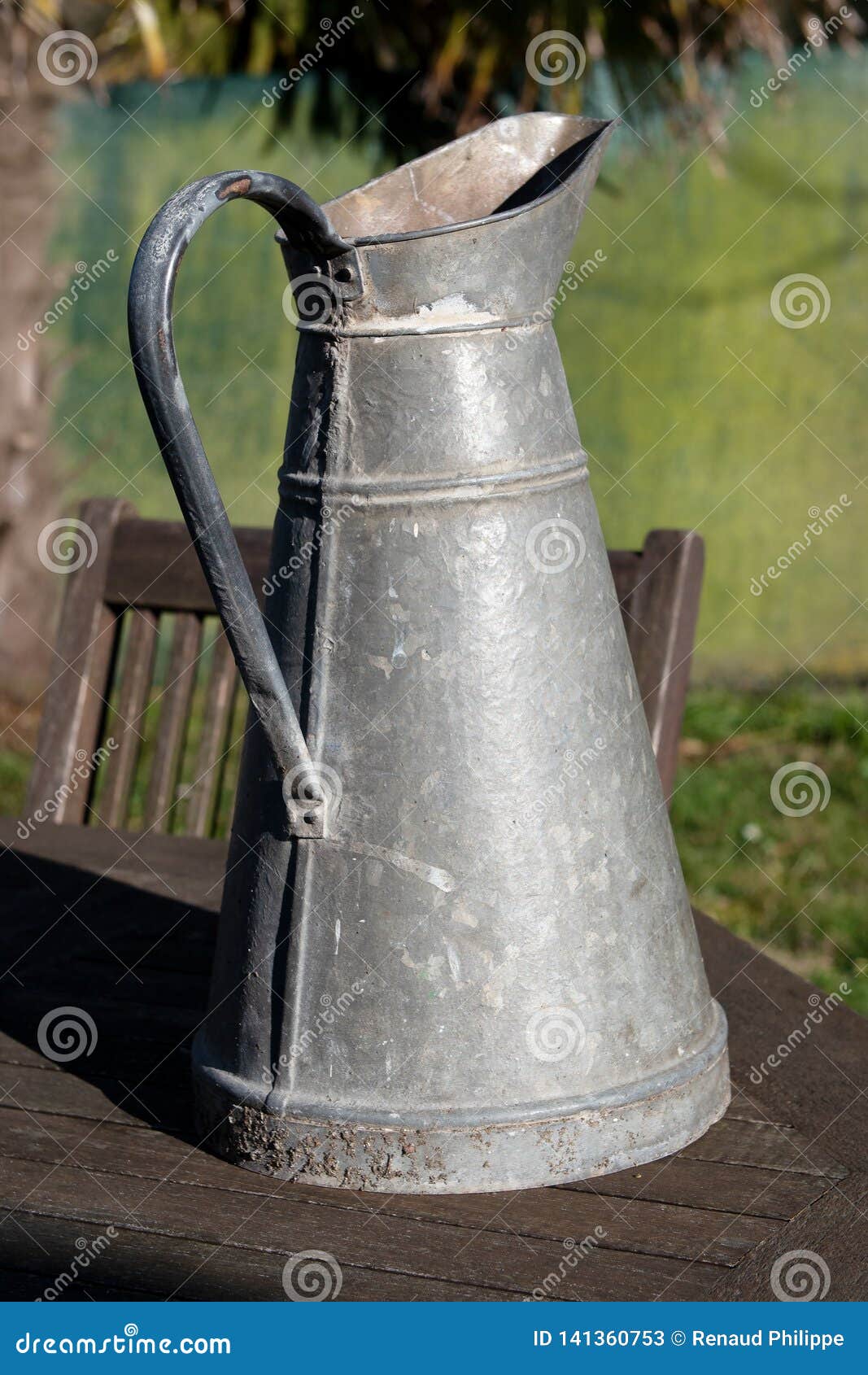 Antique Zinc Metal Pitcher, Outdoors Stock Image - Image of galvanized ...
