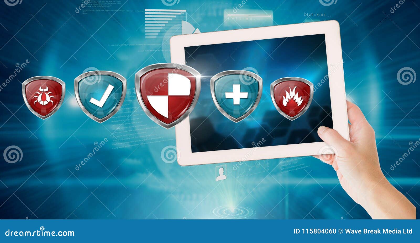 Antivirus Security Protection Shields and Hand Holding Tablet Stock ...