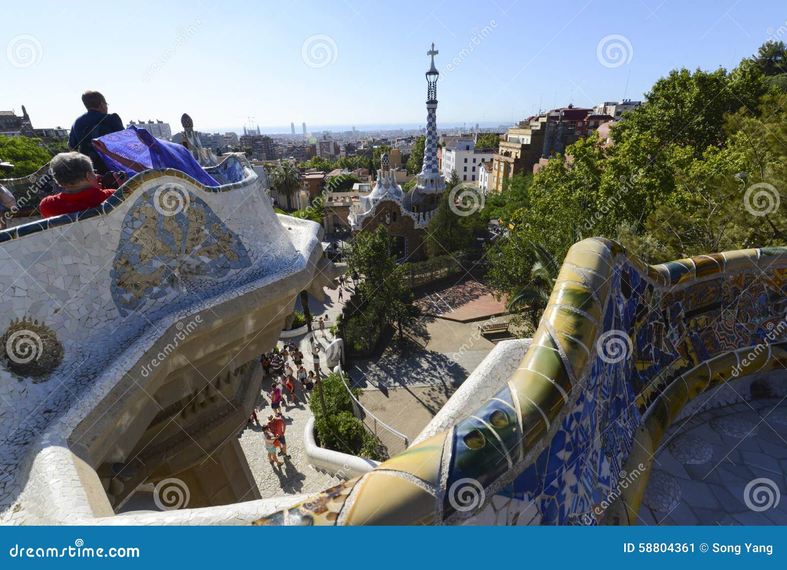 Antoni Gaudi Hause and Ceramic Bench in Park Guell Editorial Photo ...