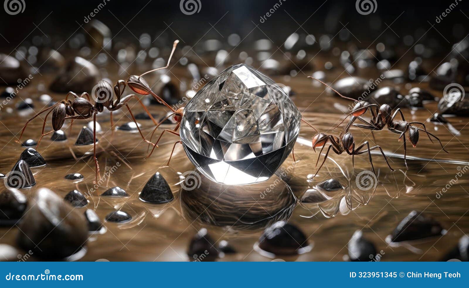 Ants Carrying a Diamond on a Reflective Surface with Small Rocks Stock ...