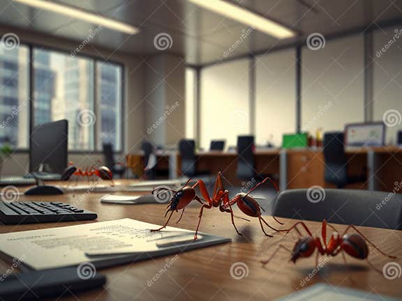 Ants Exploring an Office Desk Amidst Papers and Computers at Work Stock ...