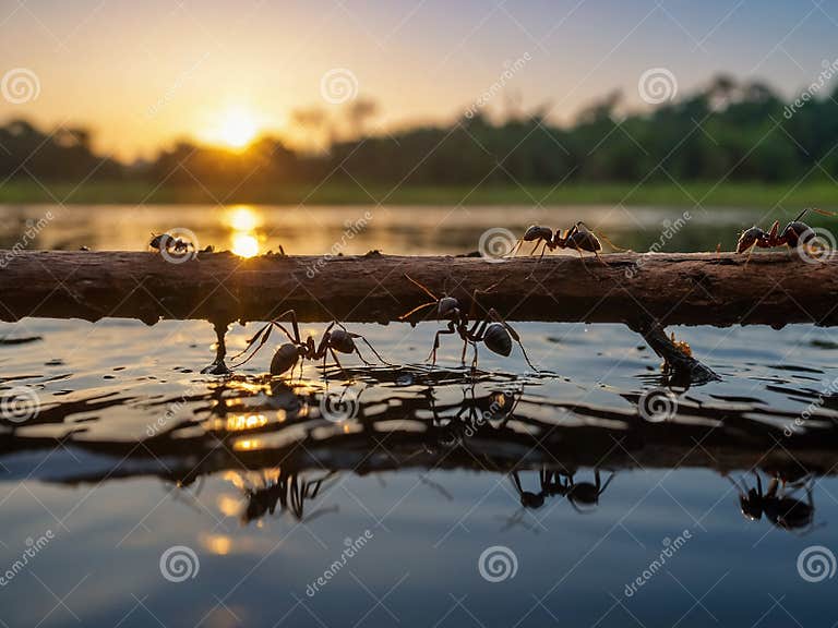 Ants Pulling a Log Across a Stream at Sunset Stock Illustration ...