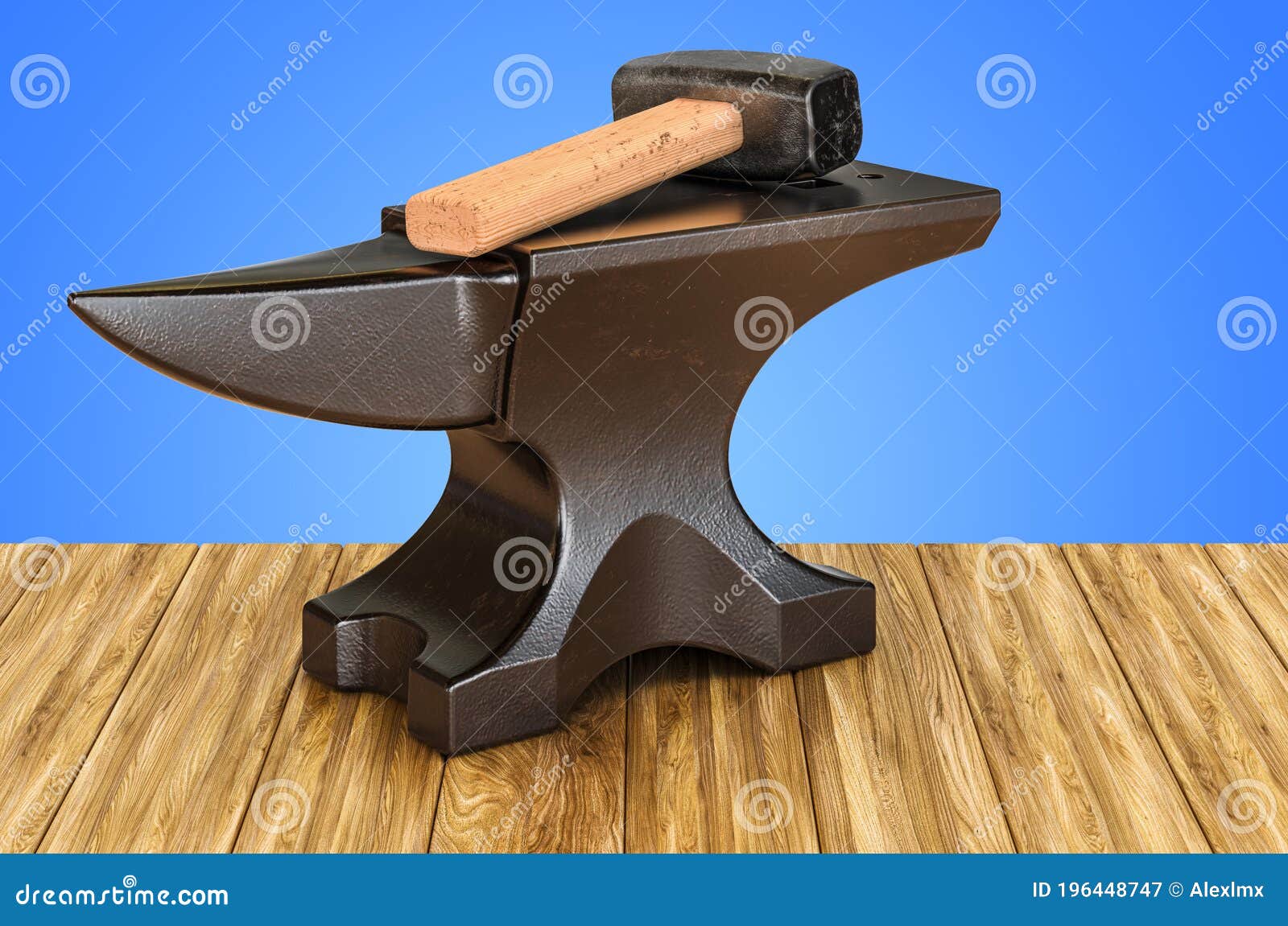 Anvil and Hammer on the Wooden Table. 3D Rendering Stock Illustration ...