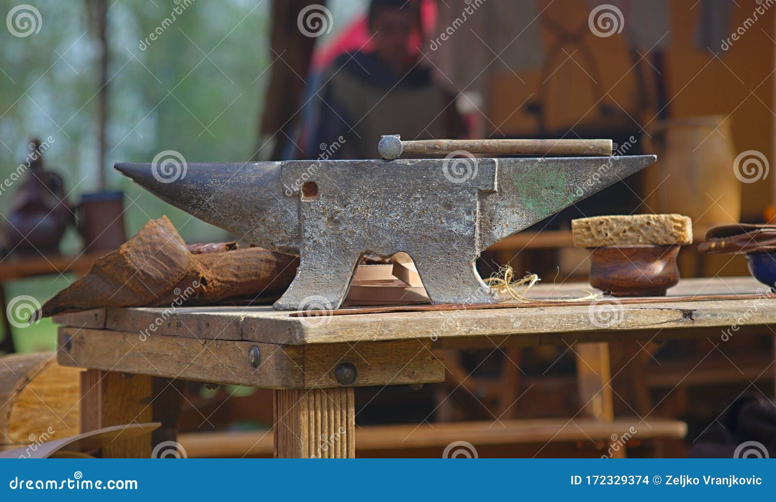 Anvil on a Wooden Desk Representing Medieval Blacksmith Stock Photo ...