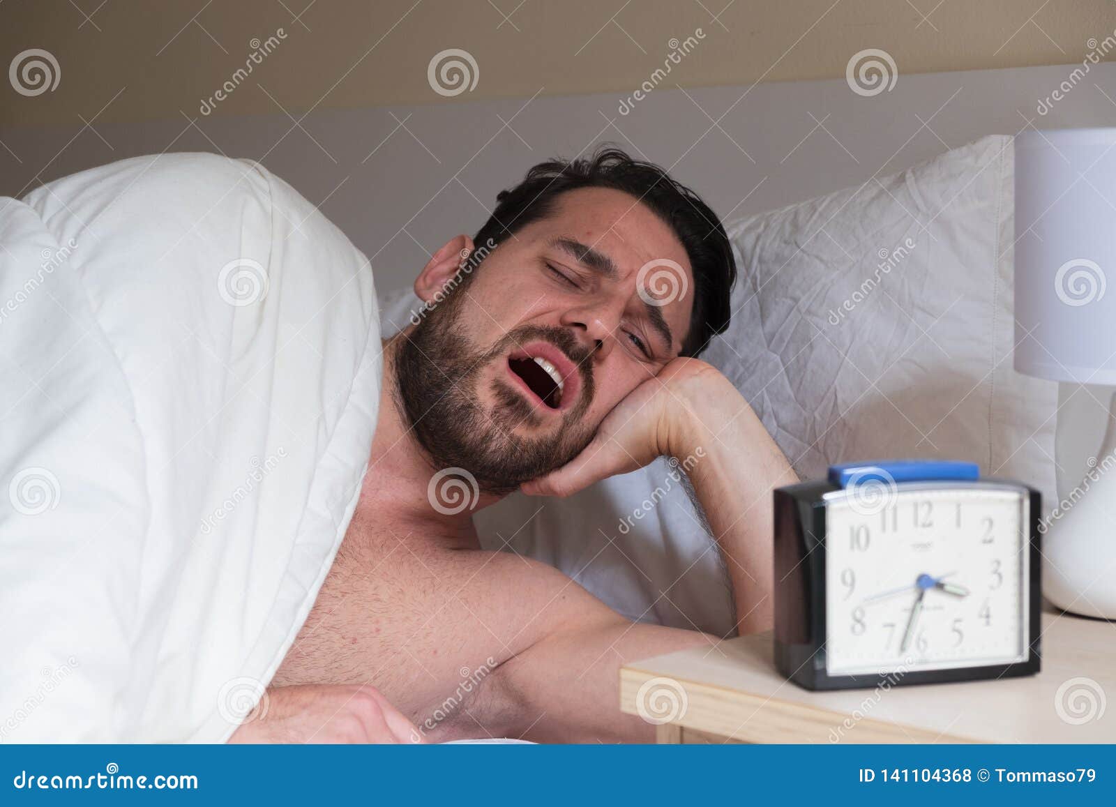 Stressed Sleepless Man Expression Lying in the Bed Stock Photo - Image ...