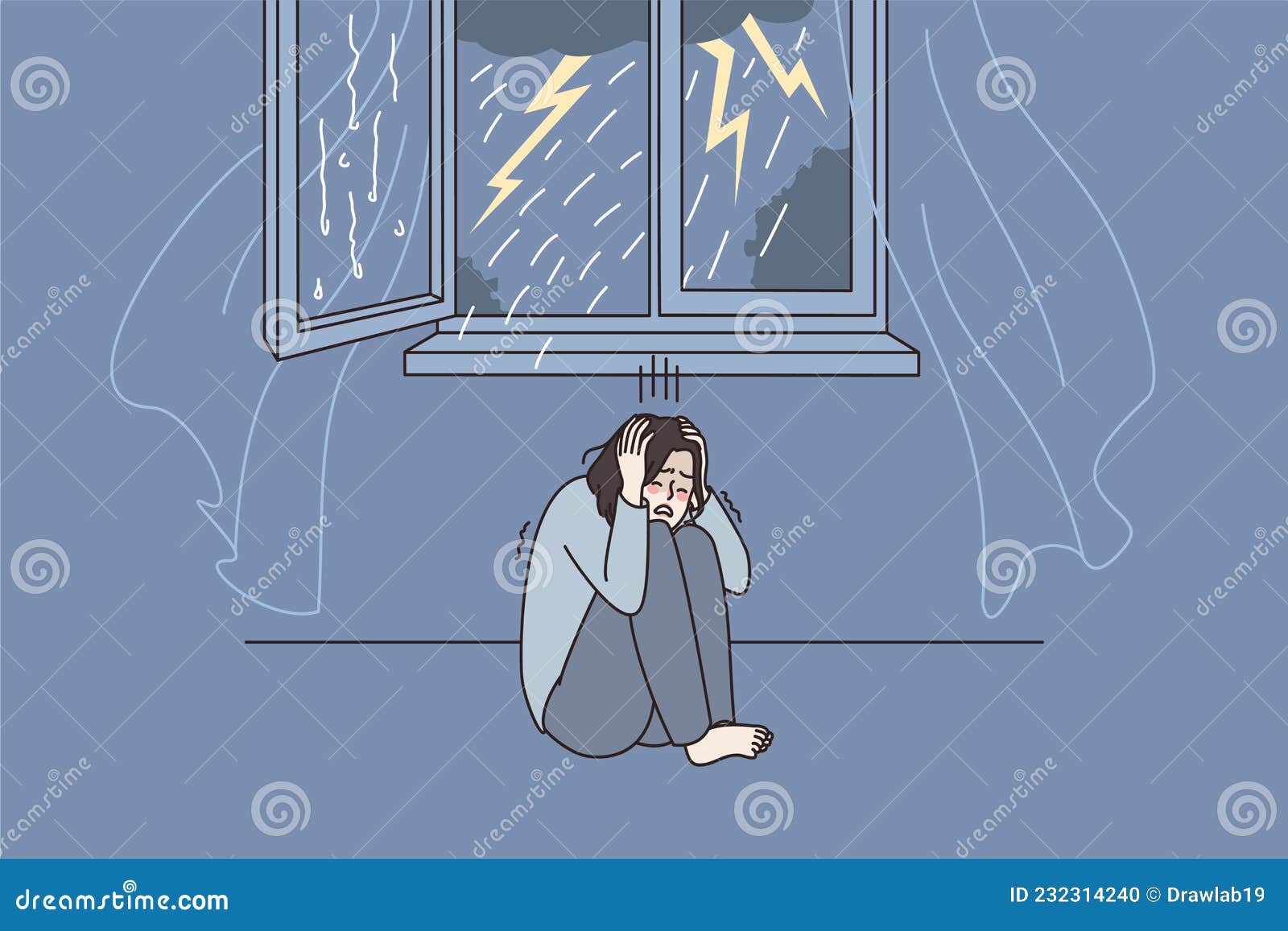 Anxious Woman Feel Scared Of Thunderstorm At Home Stock Vector