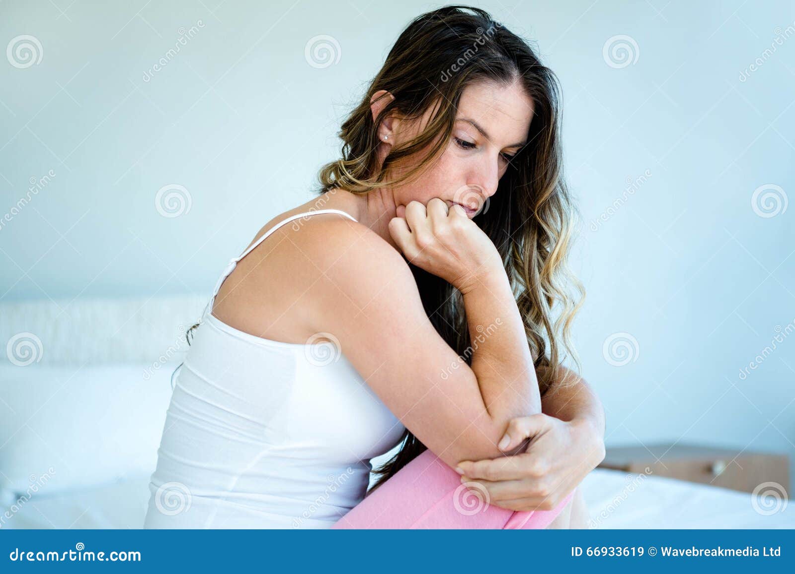 Anxious Woman with Her Head in Her Hands Stock Image - Image of ...
