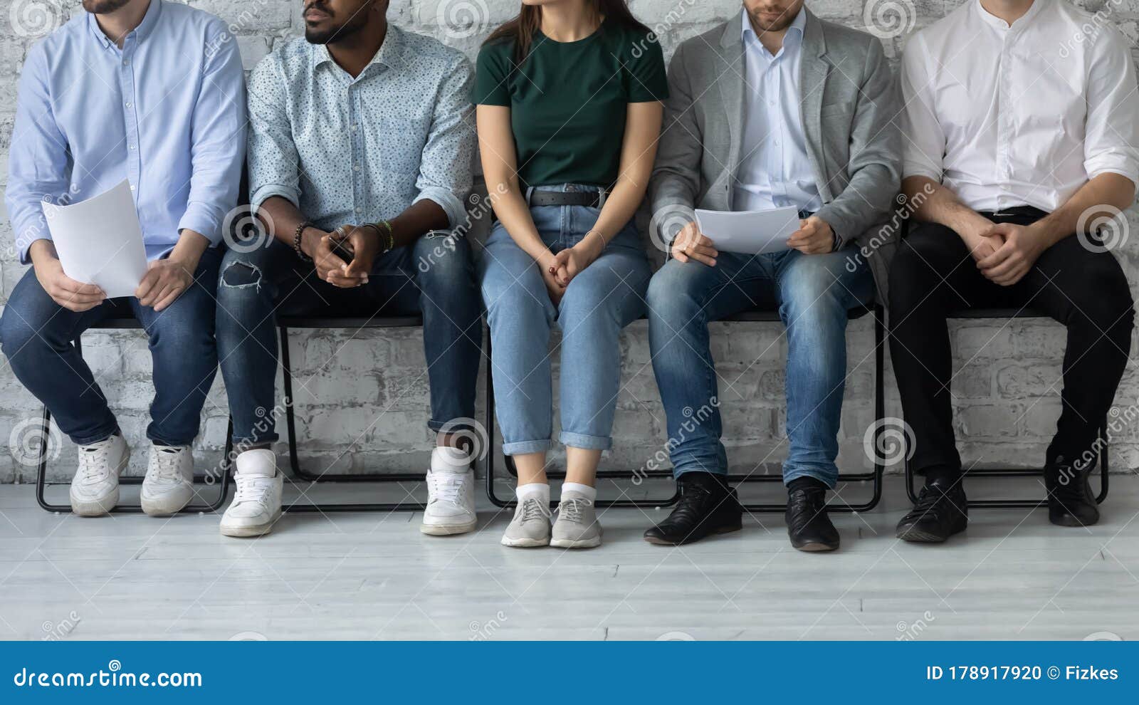 Anxious Work Applicants Sit in Line Wait for Interview Stock Photo ...