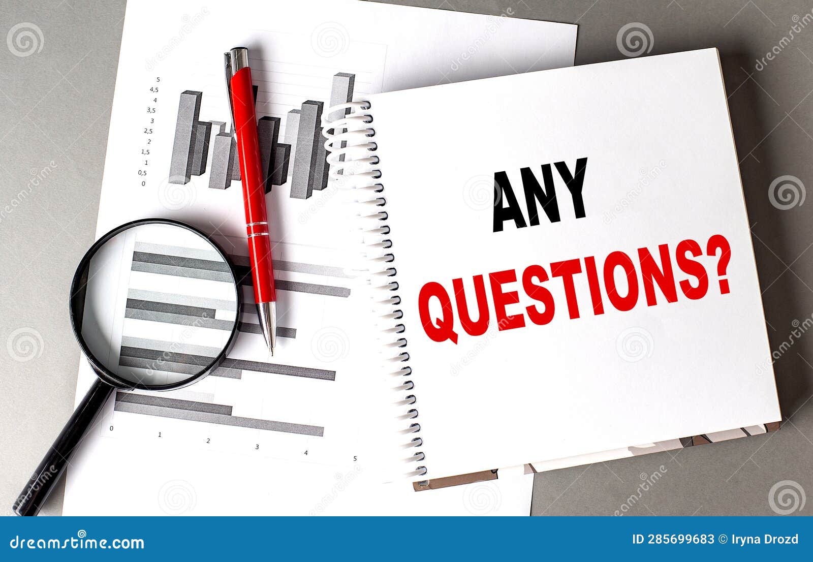 ANY QUESTIONS Text Written on Notebook with Chart Stock Image - Image ...