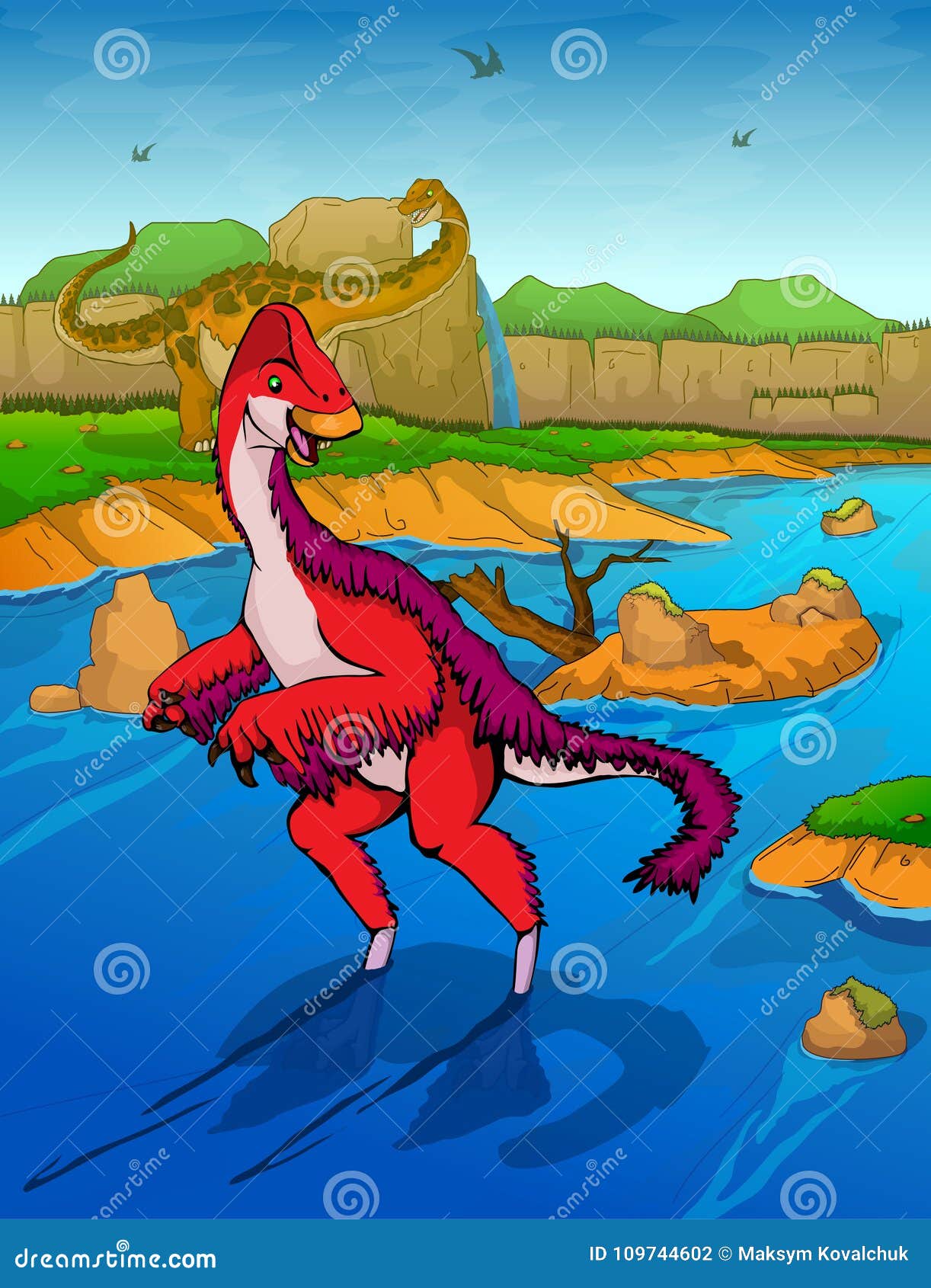 Anzu Wylie On The Background Of A Waterfall. Cartoon Vector ...