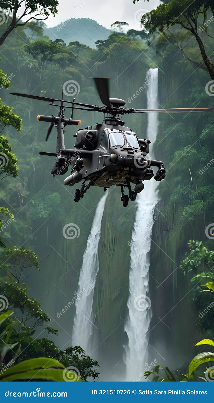 Apache Helicopter Flying between the Green Trees in the Jungle Stock ...