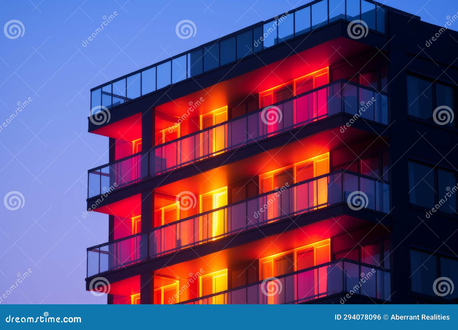 An Apartment Building Lit Up with Red and Orange Lights Stock ...