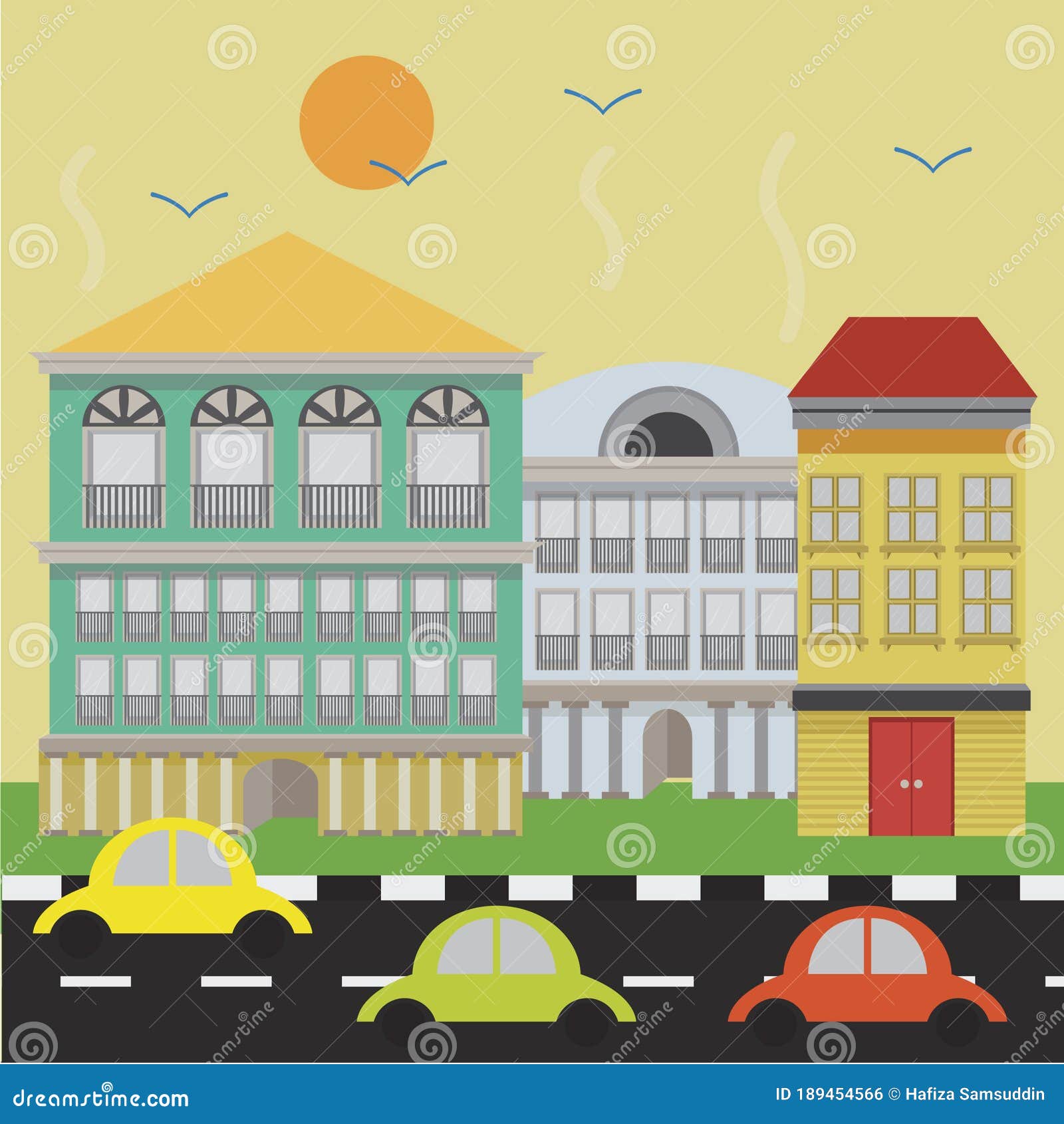 Apartment Buildings beside Road. Vector Illustration Decorative Design ...