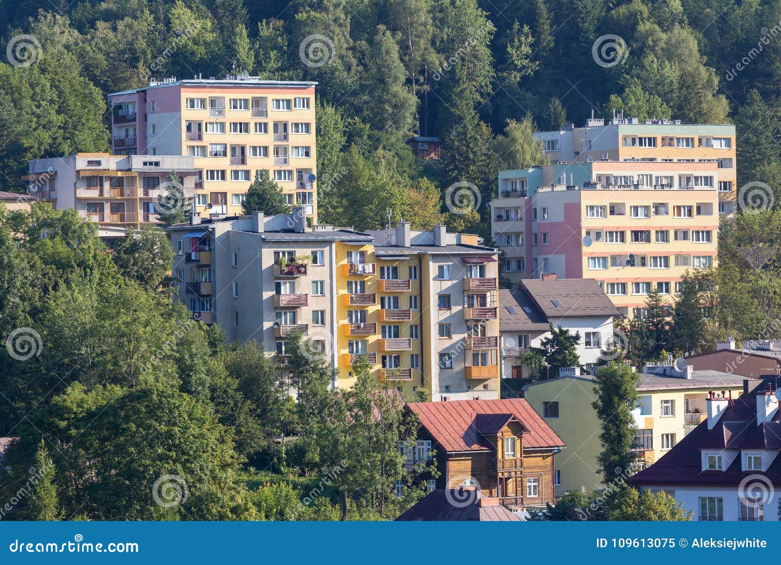 Apartment Buildings in Small Town Stock Image - Image of center, city ...