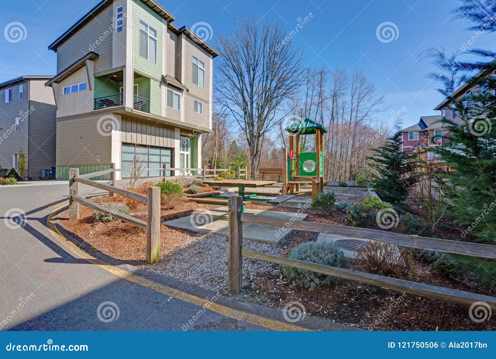 Apartment Complex Building with Kids Playground Stock Photo - Image of ...