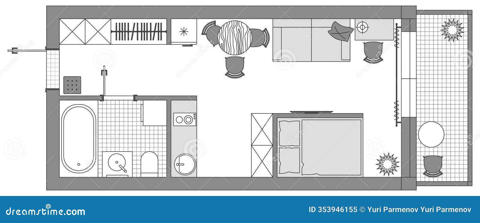 Floor Plan of Micro Studio. Interior Design of Kitchen, Living Room ...