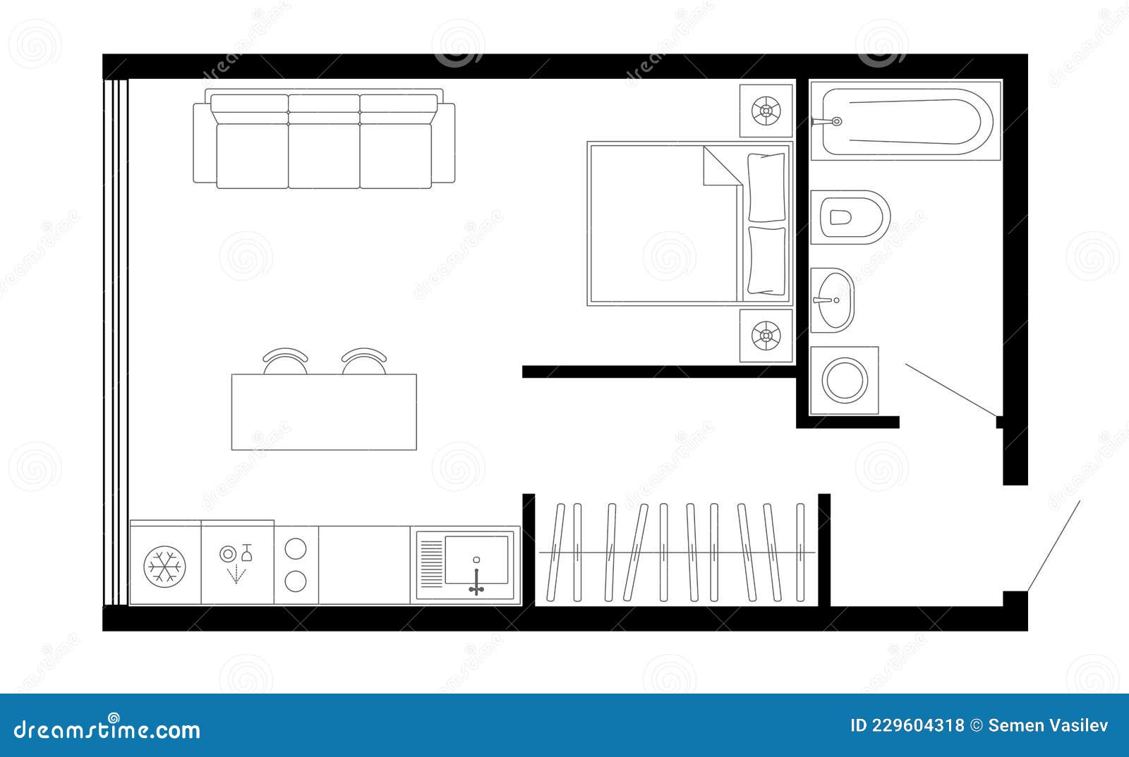 Apartment Floor Plan. Vector Architecture Studio Plan. Stock Vector - Illustration of blueprint ...