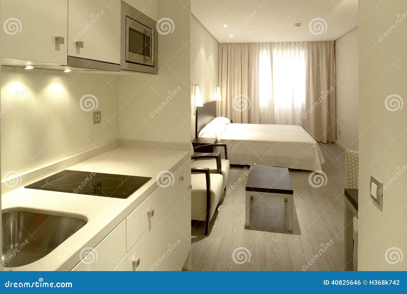 Apartment Interior with Kitchen and Bedroom Stock Photo - Image of ...