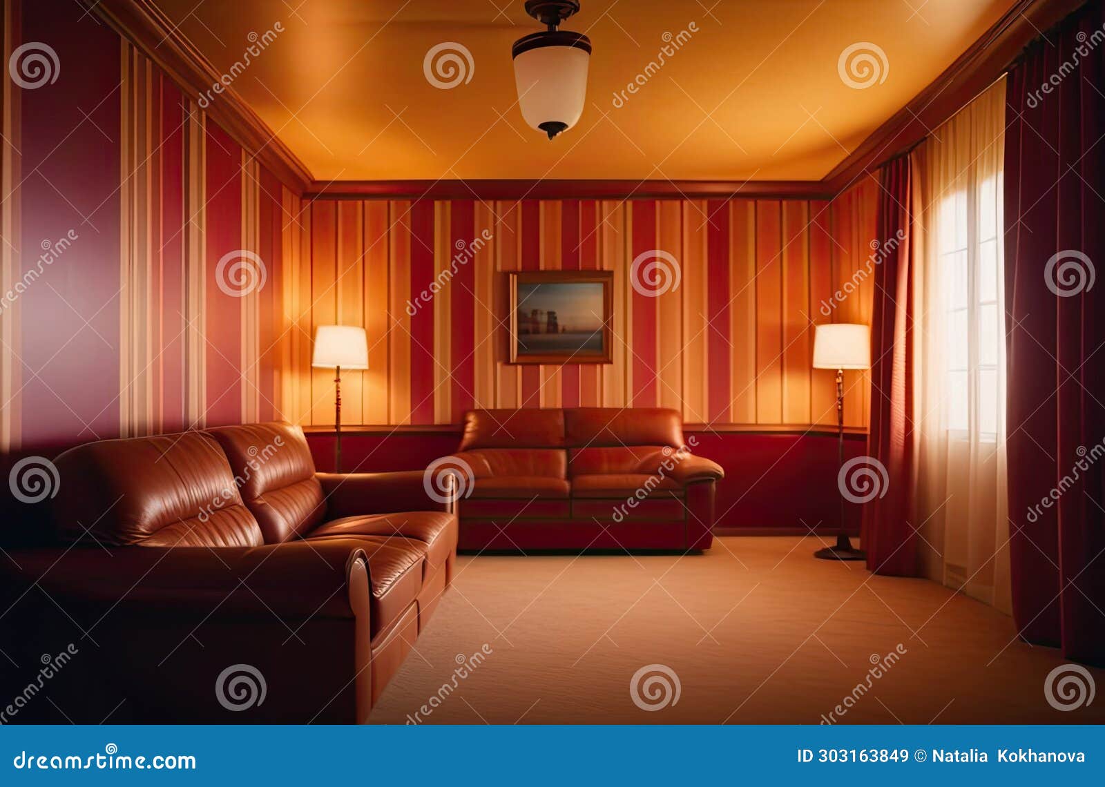 Apartment Interior with Leather Sofas and Dim Lighting, 80s Movie Style ...