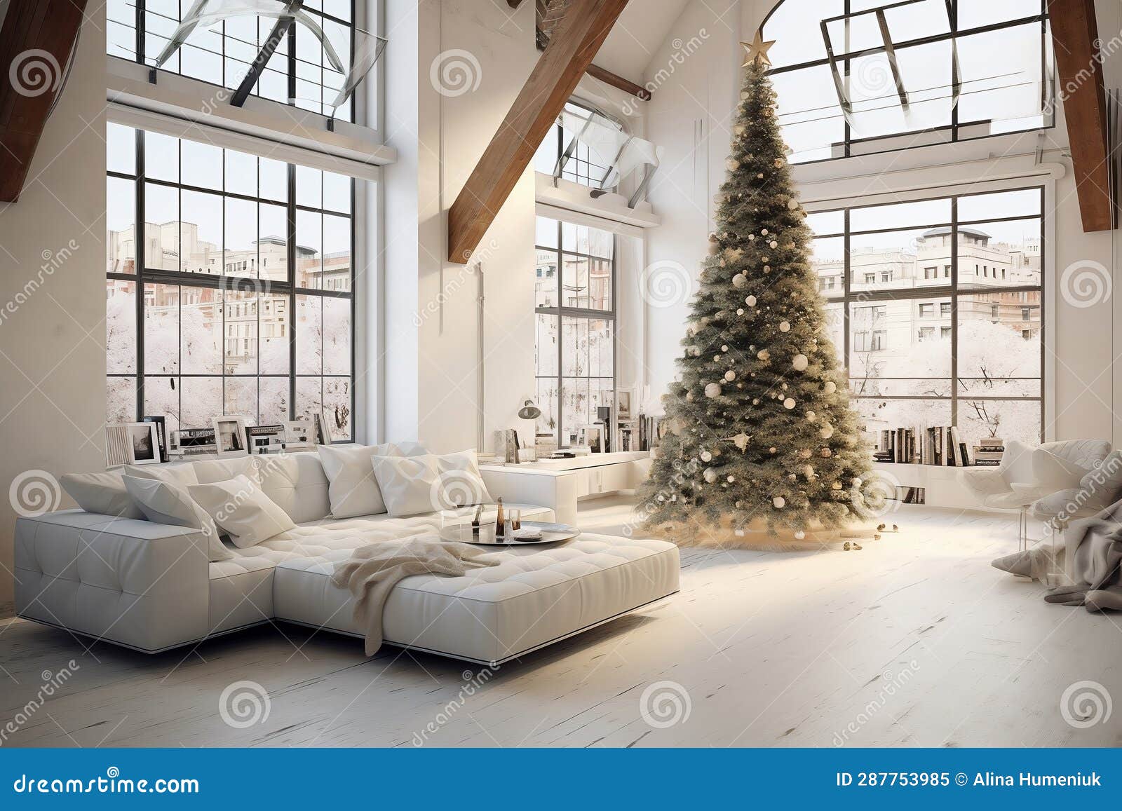 Apartment Loft Interior with Christmas Tree and White Decorations. AI ...