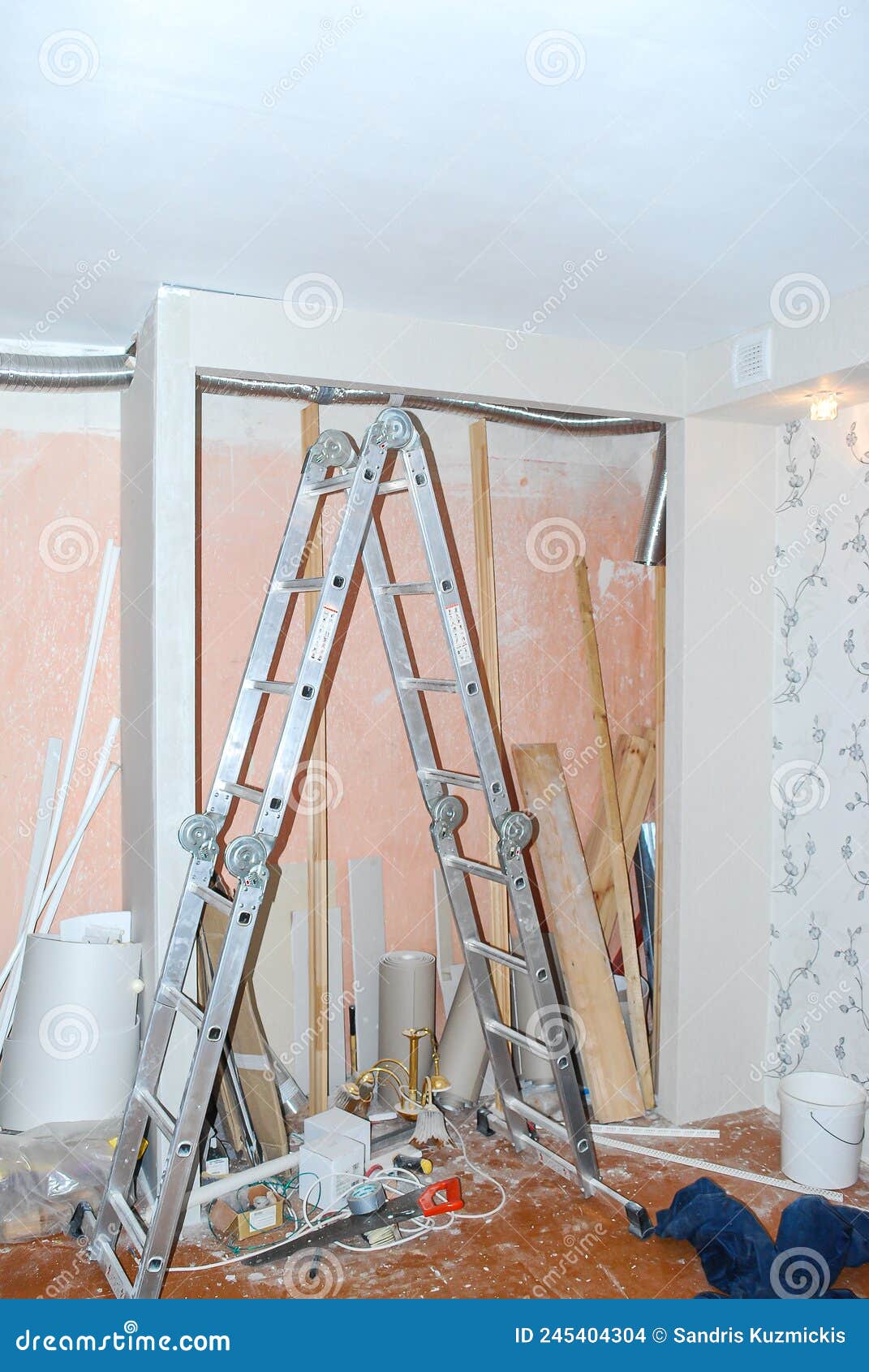 Apartment Repair with Stairs, Materials and Various Tools Stock Photo ...