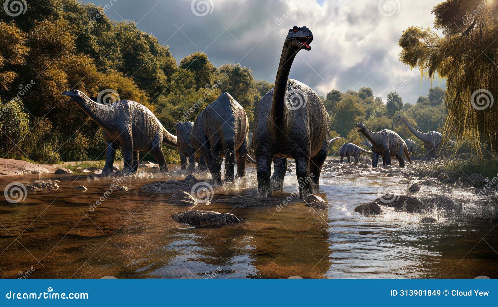 Apatosaurus Herd Wading through River Stock Illustration - Illustration ...