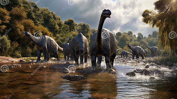 Apatosaurus Herd Wading through River Stock Illustration - Illustration ...