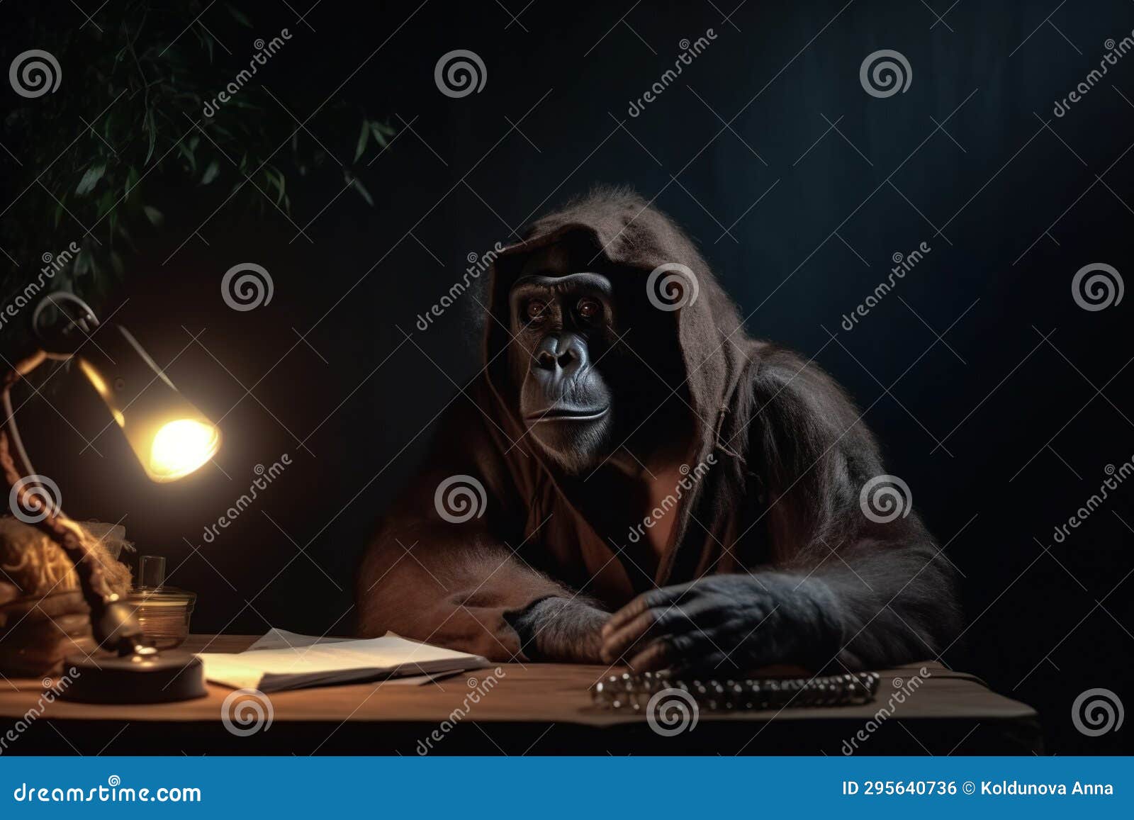 An Ape Dressed Working at Night Sitting with Lamp Having a Lot of Tasks ...