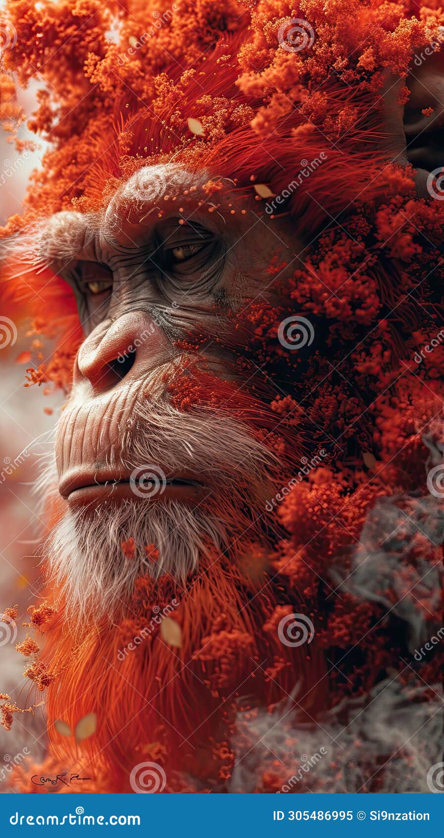 Ape in Red and Orange with Clouds Surrounding it Stock Illustration ...