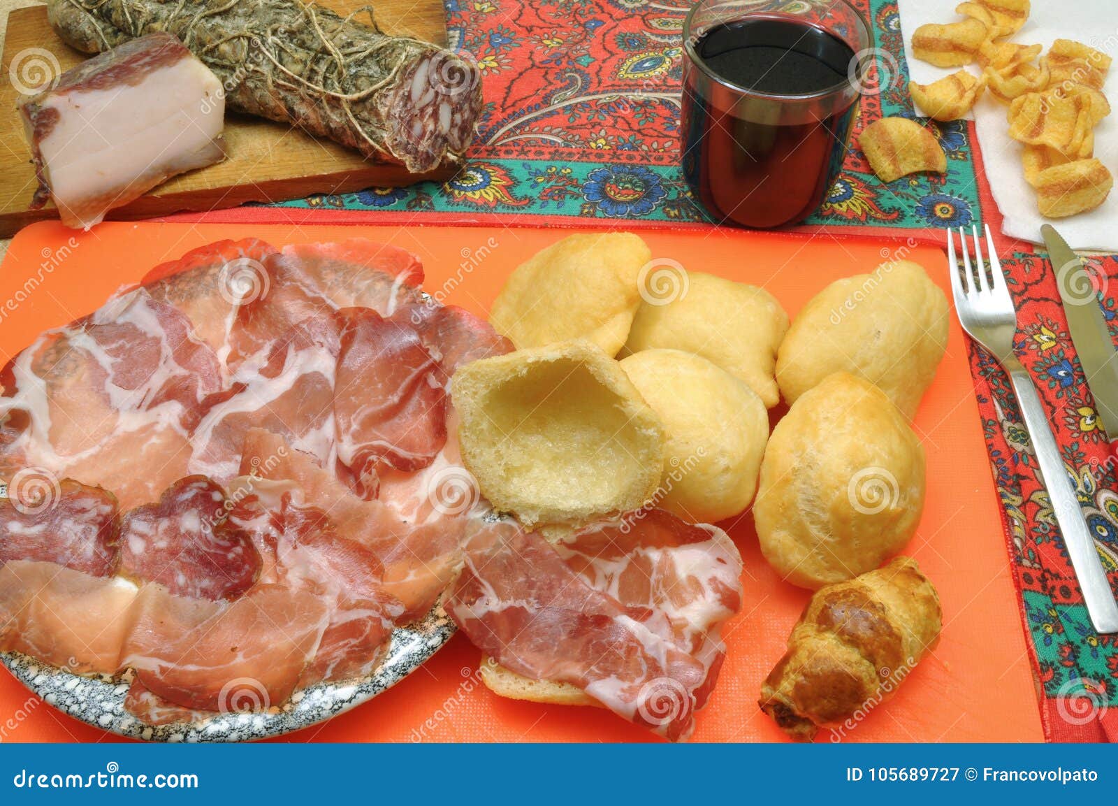 Aperitif and Dinner with Salami and Fried Dumplings Stock Image - Image ...