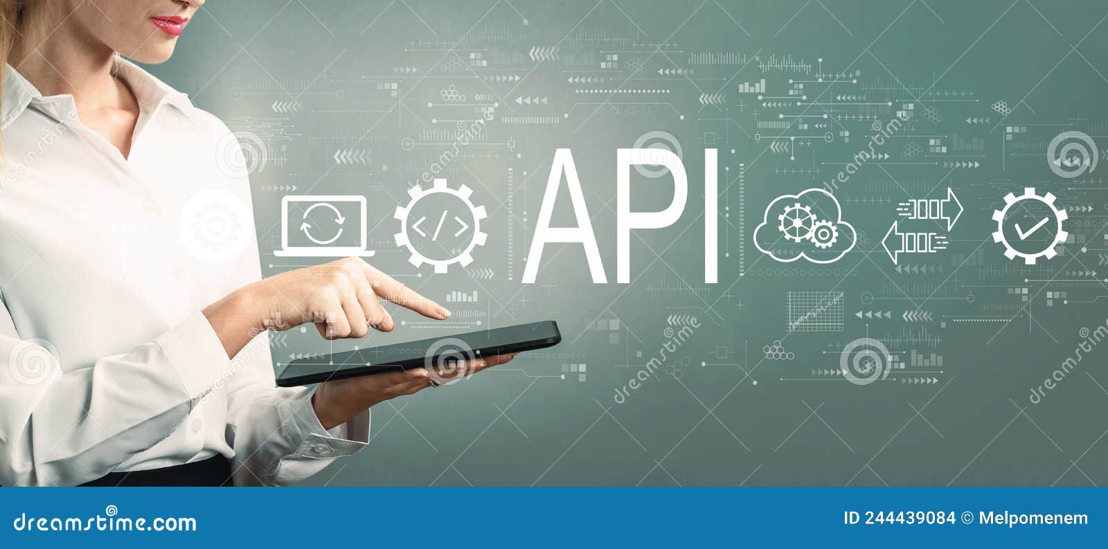 API - Application Programming Interface Concept with Business Woman Using a Tablet Stock Photo ...