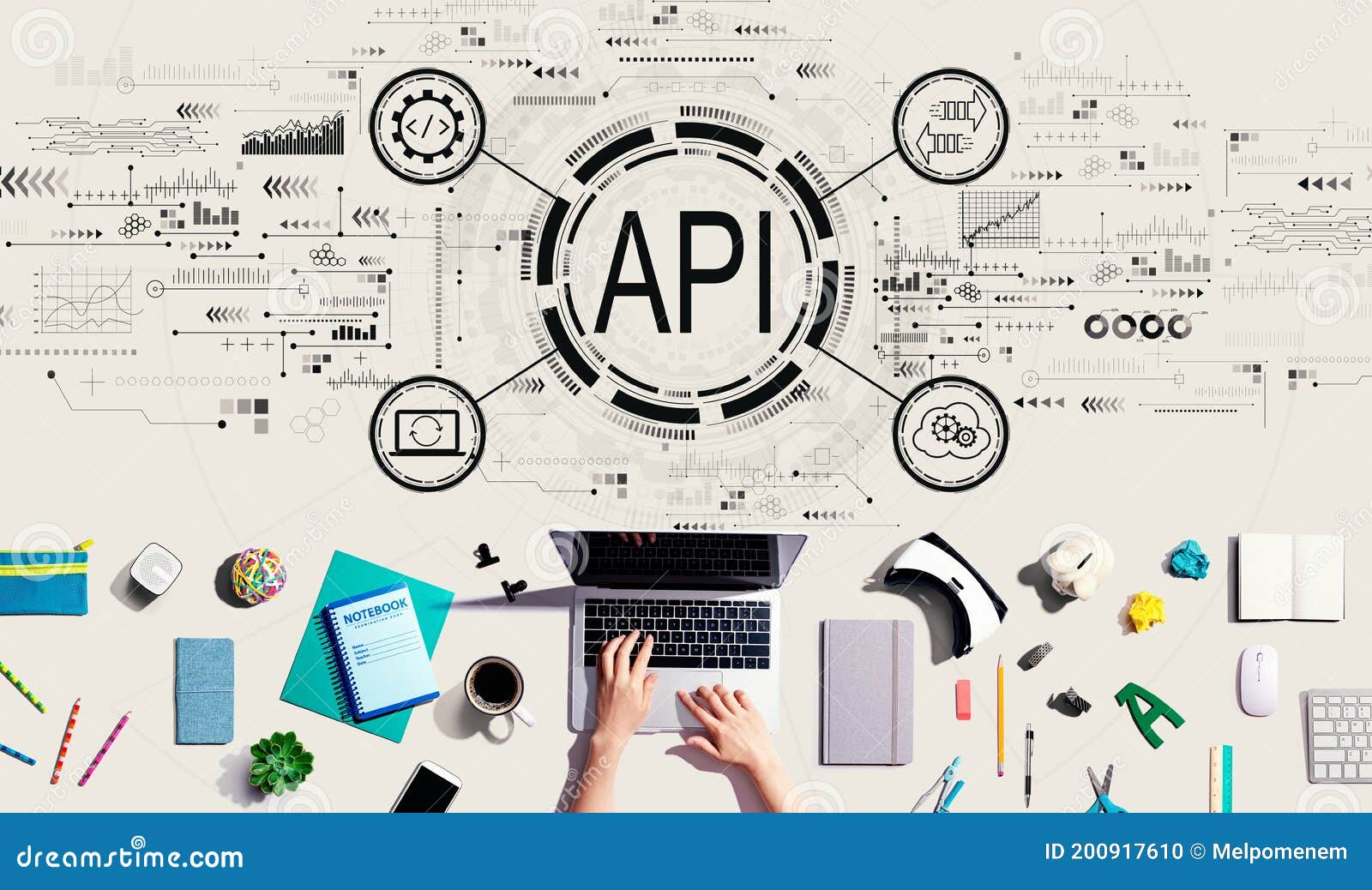 API - Application Programming Interface Concept with Person Using a Laptop Stock Illustration ...