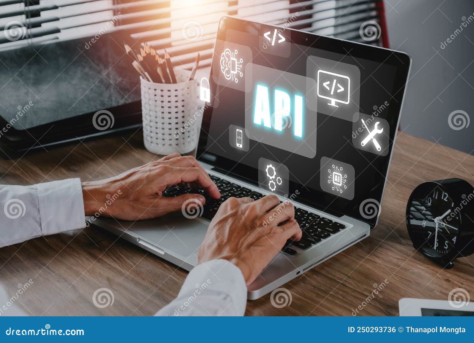 Api Application Programming Interface Man Using Laptop Computer With
