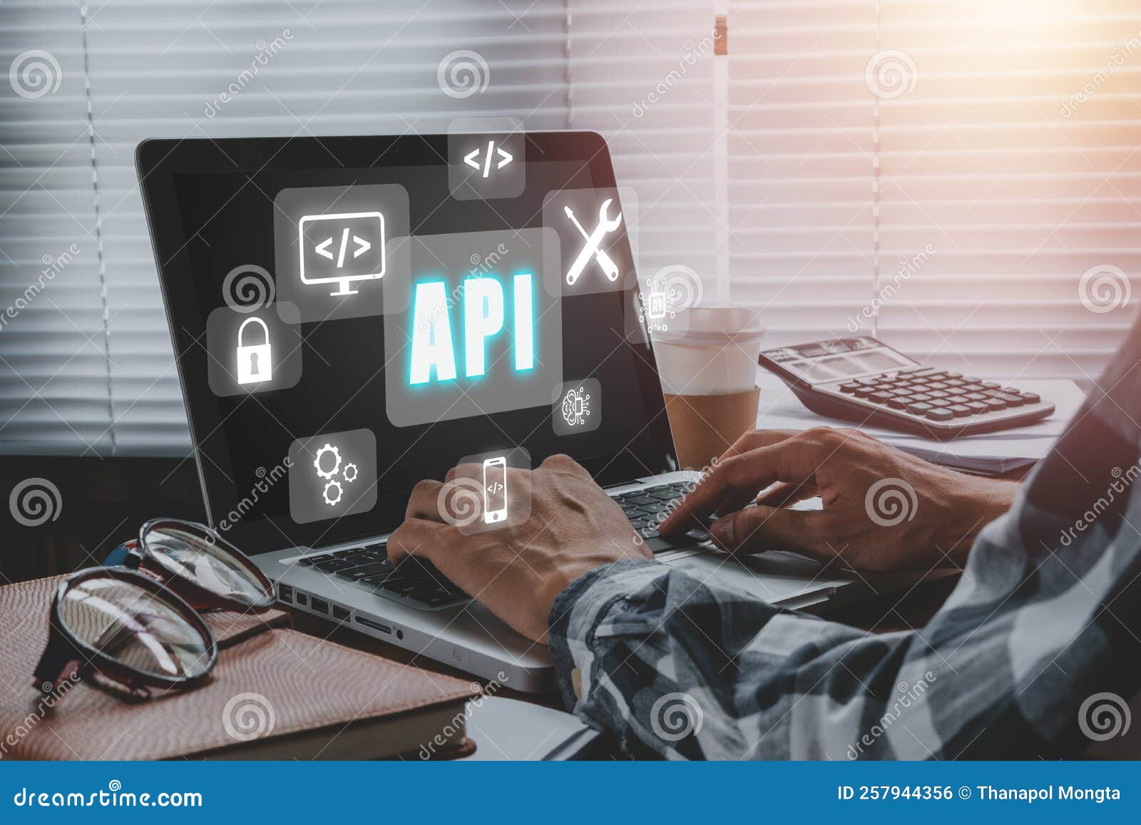 API - Application Programming Interface, Man Using Laptop Computer with Touch Screen Interface ...