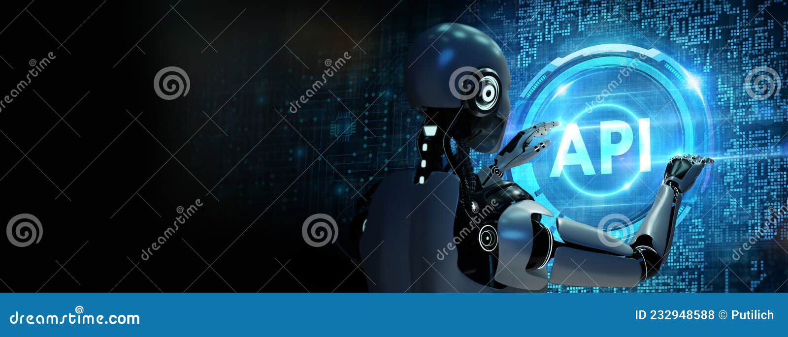 API - Application Programming Interface. Software Development Tool. Robot Pressing Button on ...