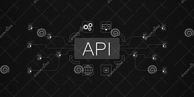 API Connection Graphic with Nodes and Symbols in a Digital Design. 3D ...