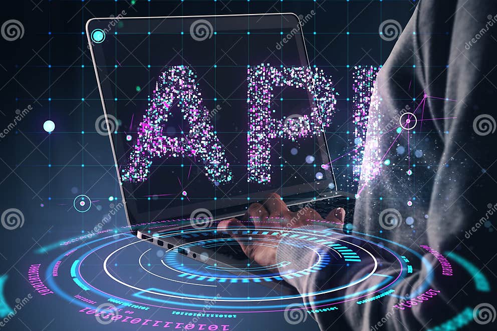 API Technology Concept with Digital Holographic Display on Laptop Stock Image - Image of cyber ...