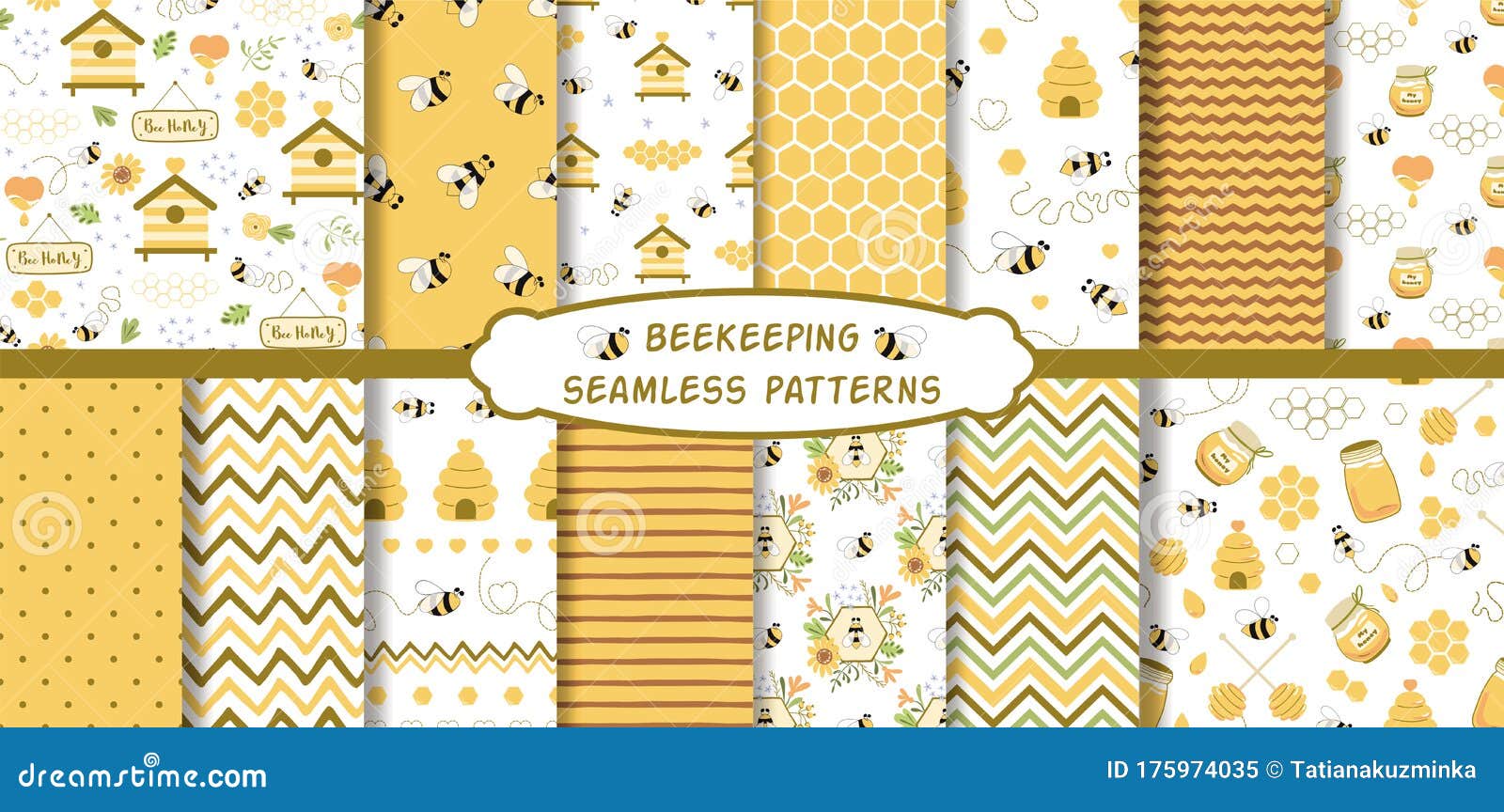 Apiary Beekeeping Seamless Patterns Set Organic Honey Making Background ...