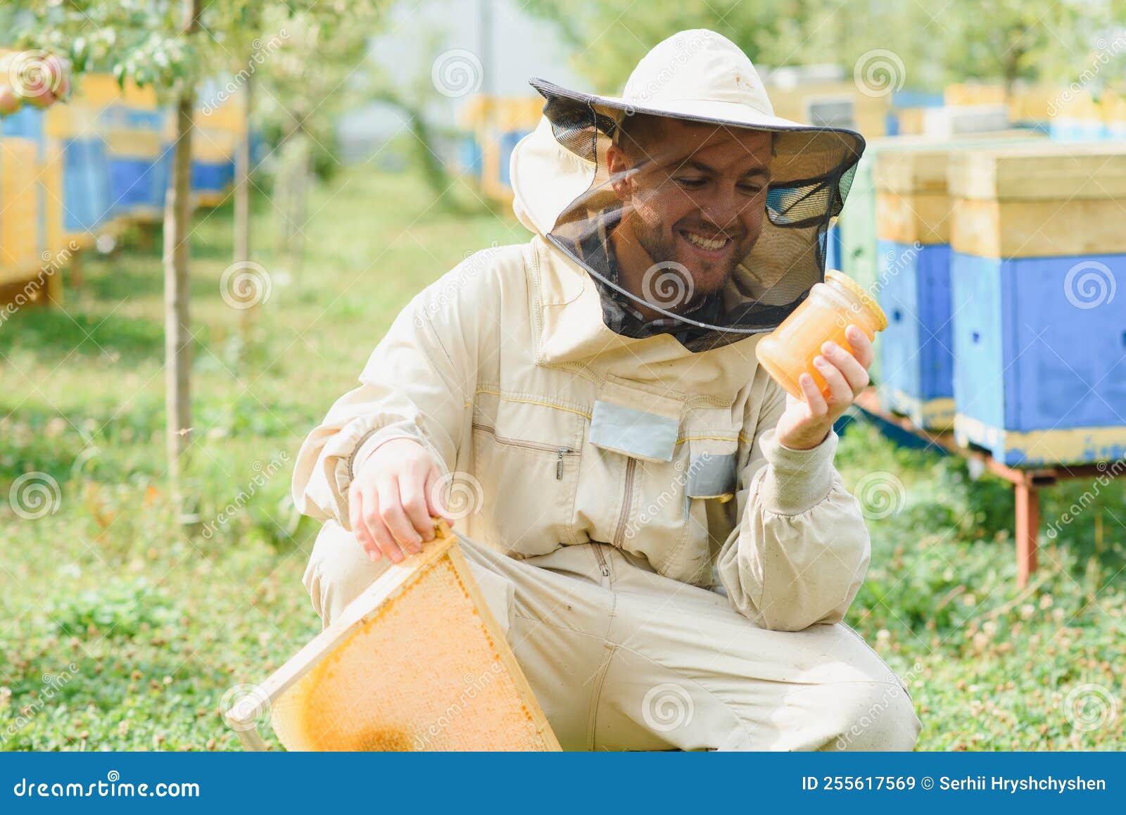 Apicultor No Trabalho Abelhas Em Voo. Imagem de Stock - Imagem de ...