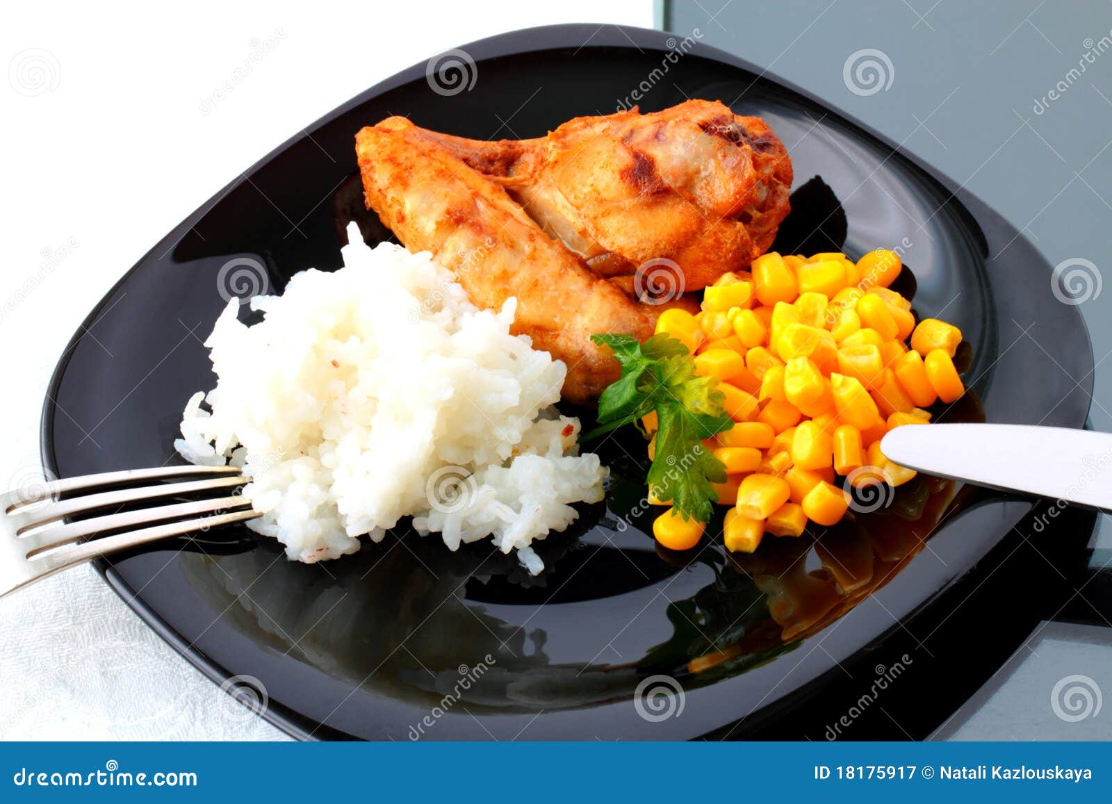 Apiece of Roast Chicken with Rice and Corn Stock Image - Image of metal ...