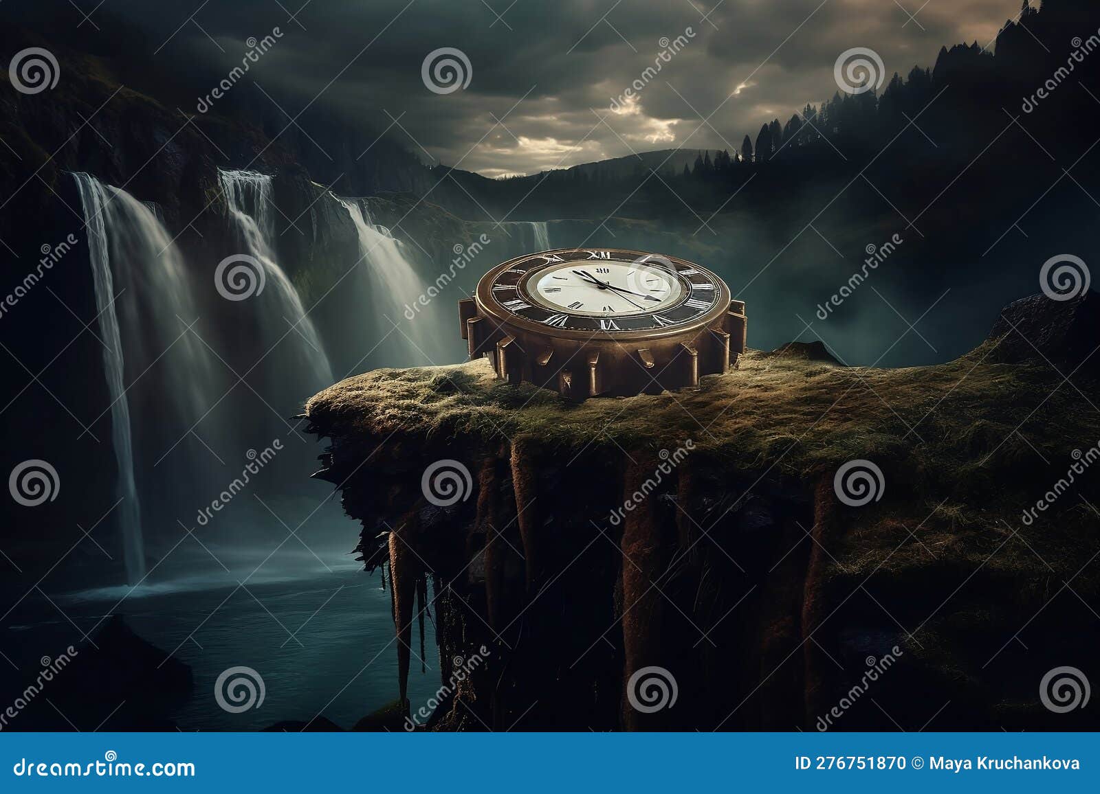 Apocalypse Clock in Dark Mountain Landscape with Waterfall Stock ...