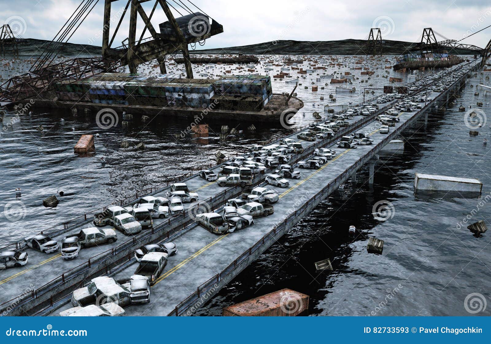 Apocalypse Sea View. Destroyed Bridge. Armageddon Concept. 3d Rendering ...