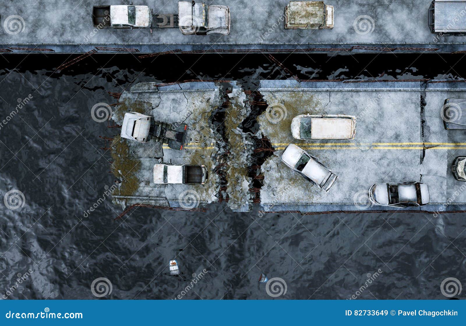 Apocalypse Sea View. Destroyed Bridge. Armageddon Concept. 3d Rendering ...