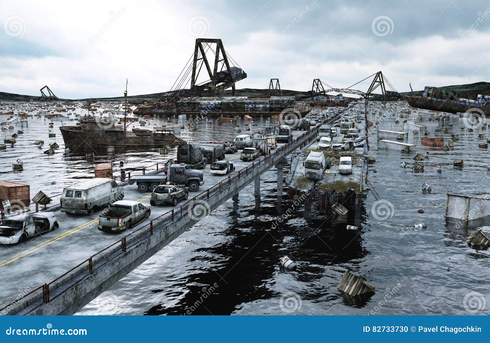 Apocalypse Sea View. Destroyed Bridge. Armageddon Concept. 3d Rendering ...