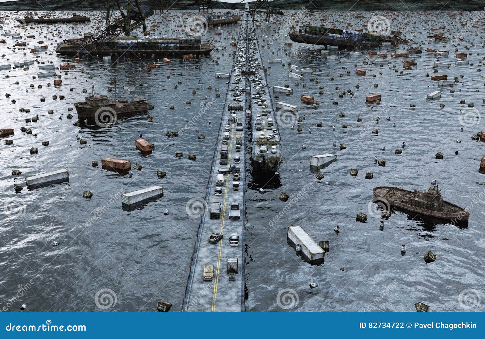 Apocalypse Sea View. Destroyed Bridge. Armageddon Concept. 3d Rendering ...