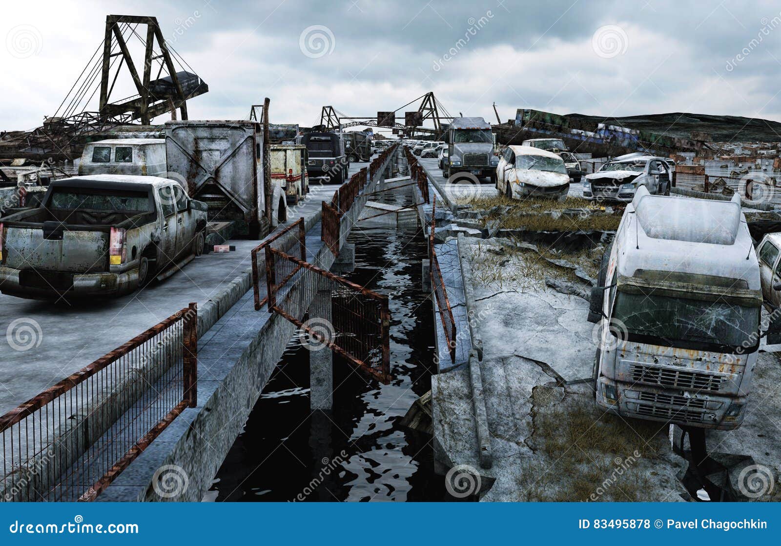 Apocalypse Sea View. Destroyed Bridge. Armageddon Concept. 3d Rendering ...