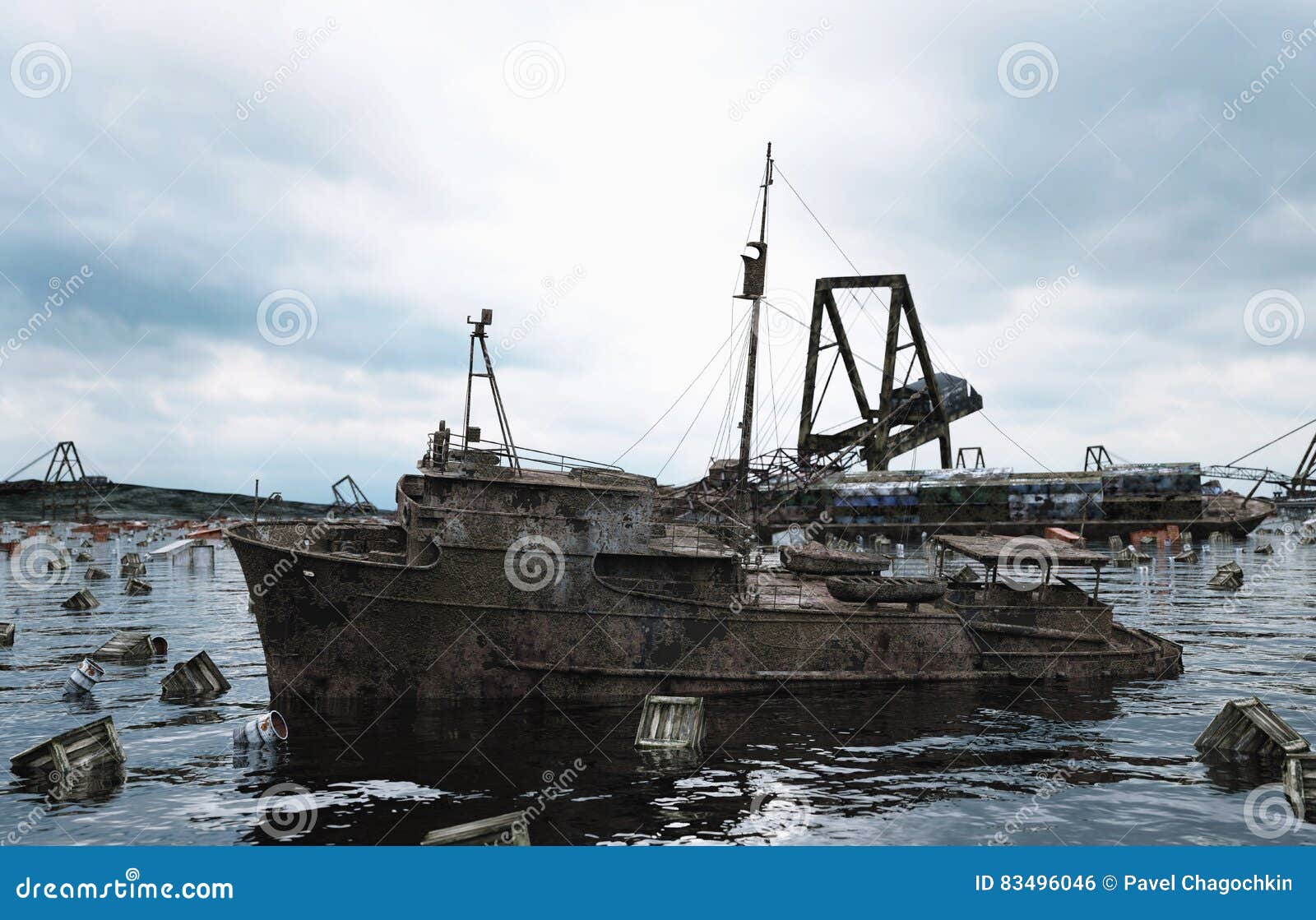 Apocalypse Sea View. Destroyed Bridge. Armageddon Concept. 3d Rendering ...