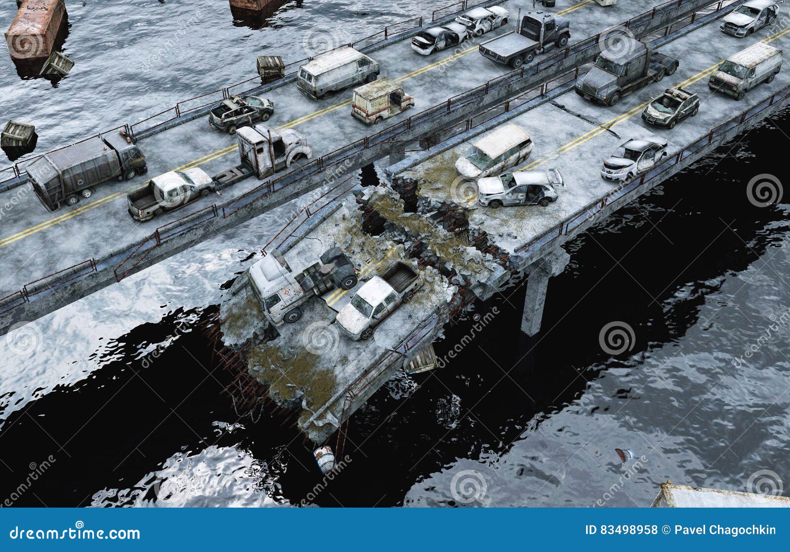 Apocalypse Sea View. Destroyed Bridge. Armageddon Concept. 3d Rendering ...