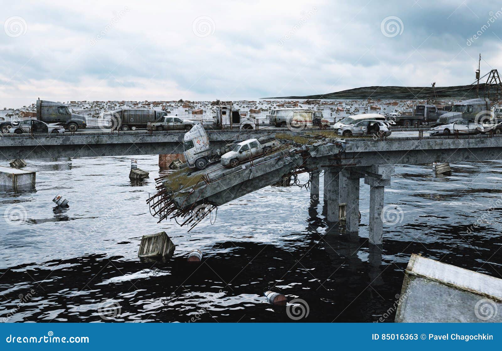Apocalypse Sea View. Destroyed Bridge. Armageddon Concept. 3d Rendering ...